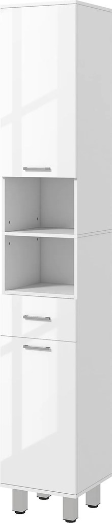 kleankin Moderní Koupelnová Skříň s 1 Zásuvkou, 3 Nastavitelnými Policemi a 2 Skříňkami pro Obývací Pokoj a Ložnici 30x30x180 cm Bílý Lesk