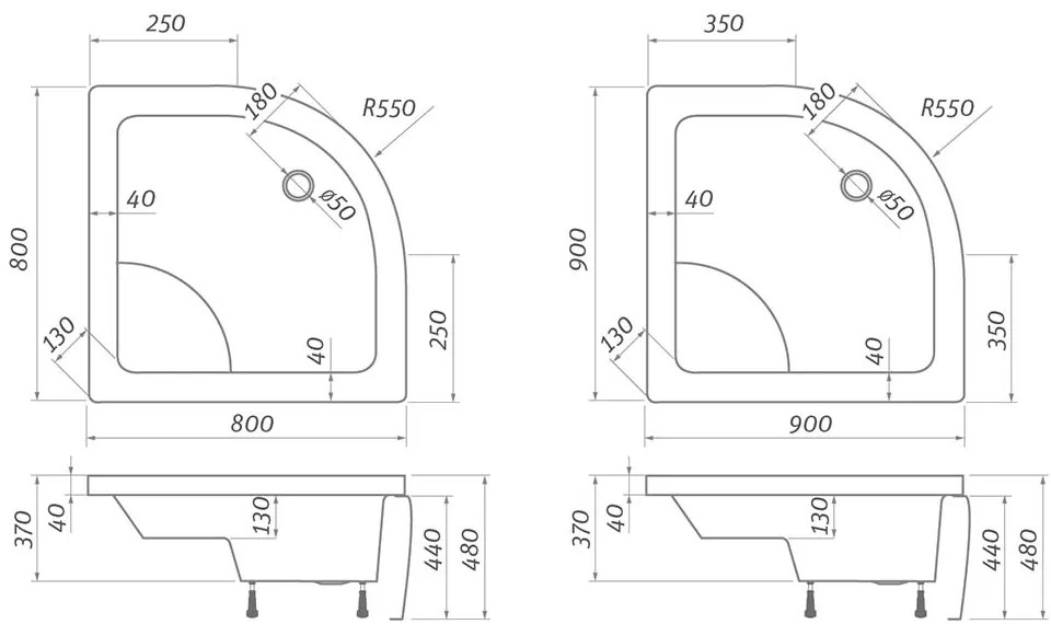 Roth Čtvrtkruhová akrylátová sprchová vanička VIKI LUX Varianta: rozměry: 80x80 cm - (VIKI LUX /800 - 8000047)