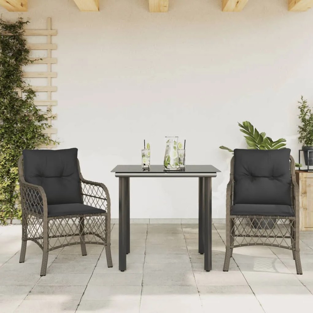 3dílný bistro set s poduškami šedý polyratan 3212131