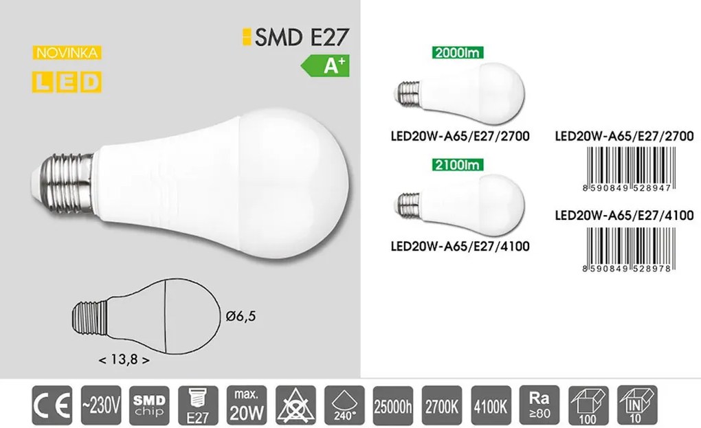 Ecolite LED20W-A65/E27/4100 LED žárovka E27 20W denní bílá