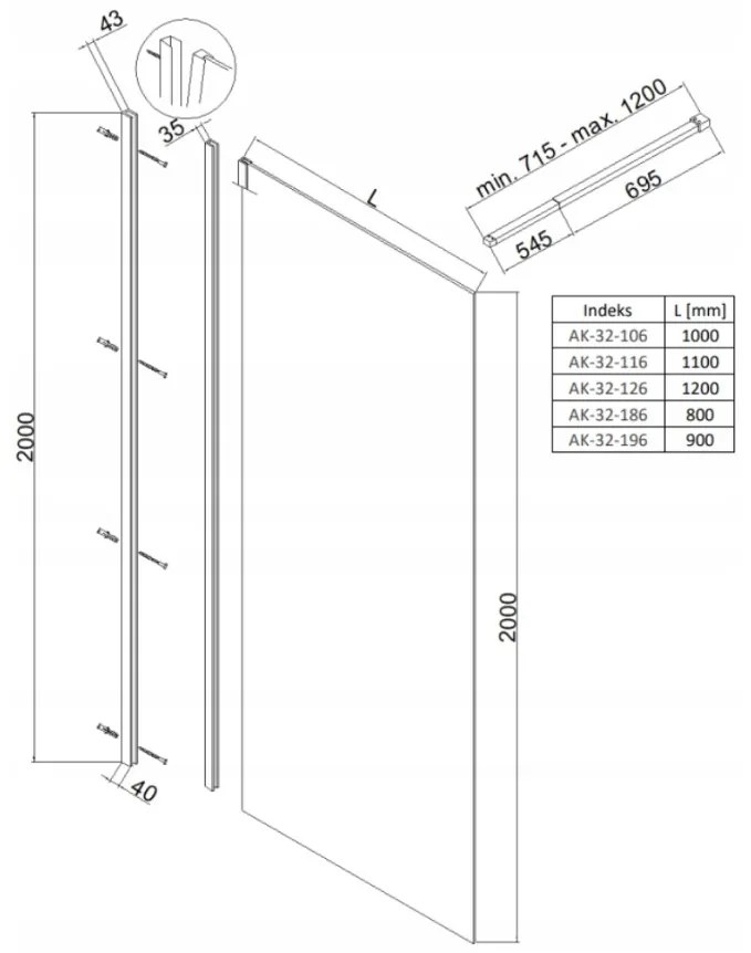 Invena Walk-In, sprchová zástěna 100X200cm, 8mm čiré sklo, černý profil, INV-AK-32-104-O