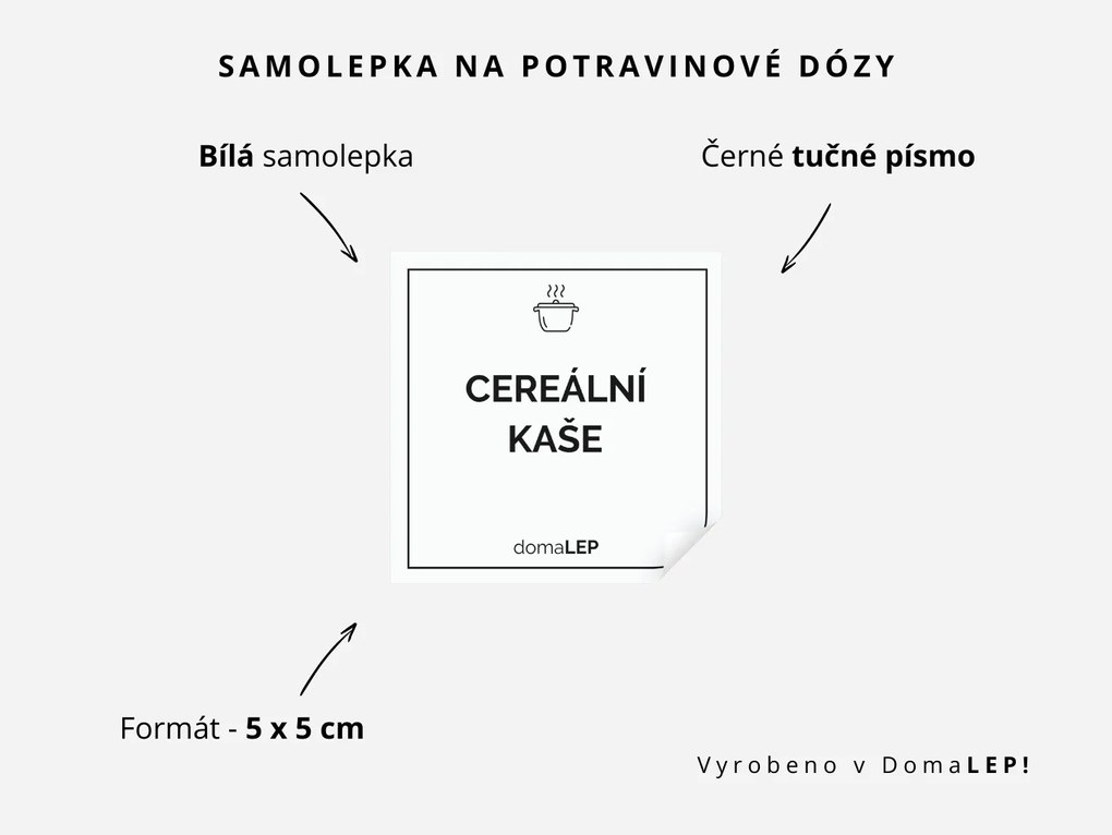 CEREÁLNÍ KAŠE - omyvatelná samolepka na dózu, výběr rozměrů Ø 5 cm / 5 x 5 cm / 6 x 8 cm | DomaLEP tvar: KOLEČKO, barva: BÍLÁ - ČERNÉ písmo, velikost: Ø 5 cm - tučné písmo