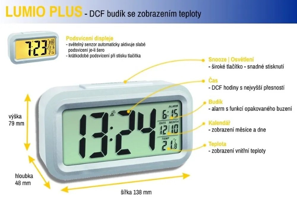 Rádiem řízený digitální budík s možností podsvícení TFA 60.2553.02 LUMIO PLUS - barva bílá