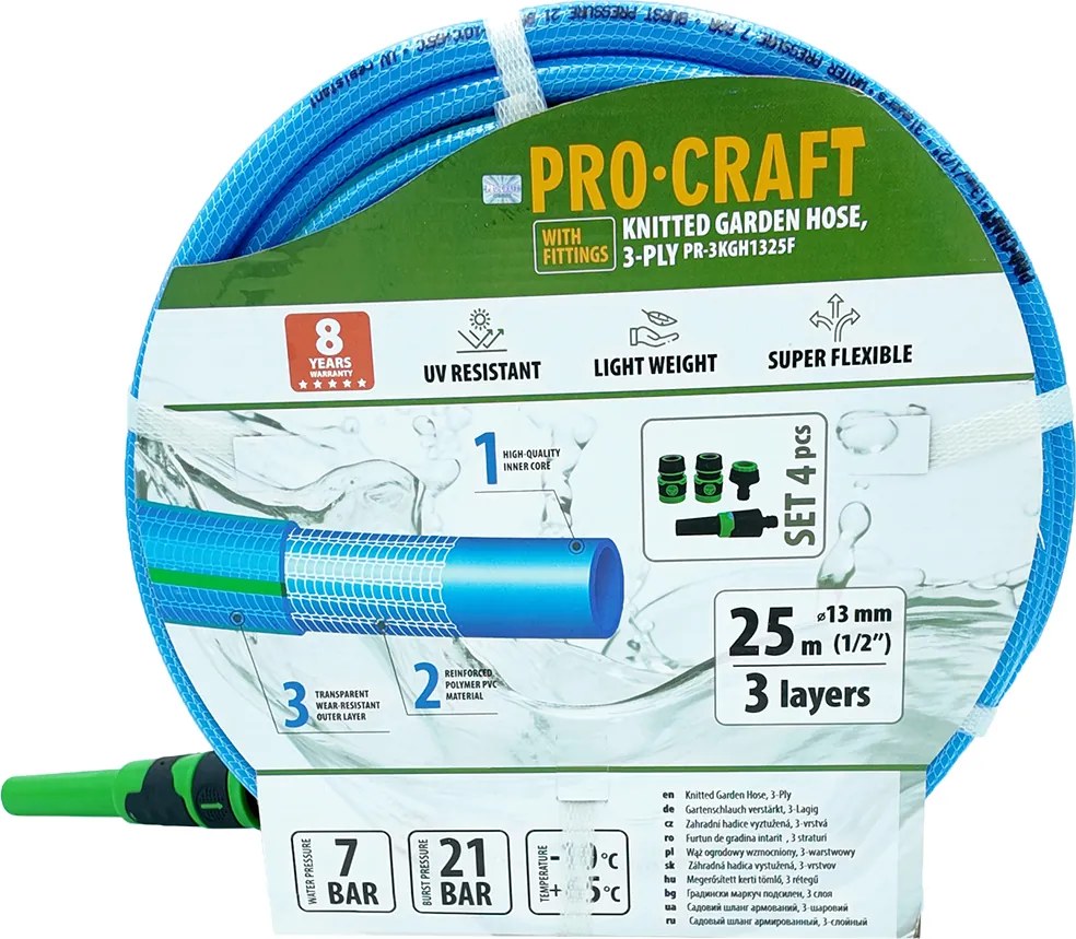Procraft PR-3KGH1325F - modrá zahradní hadice, 3-vrstvá, 1/2", 25m, s příslušenstvím