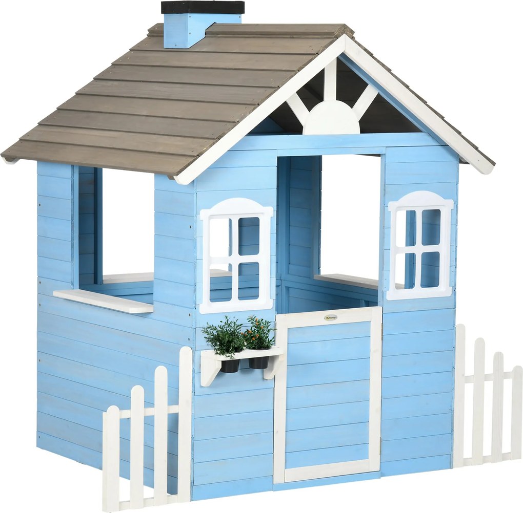 Dětský dřevěný domeček Outsunny pro venkovní hraní pro děti 3-7 let s dveřmi, okny, truhlíky a bočními ploty 151x112,5x142 cm Modrá | Aosom