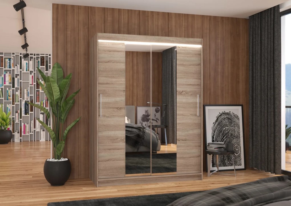 Posuvná šatní skříň se zrcadlem a osvětlením LED INESS 150 čoko 6 2 ano