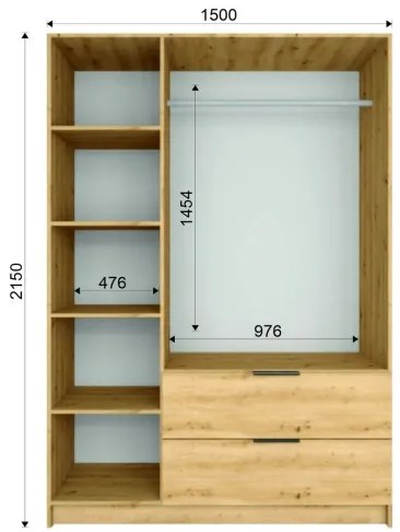 Šatní skříň se zrcadlem VISTA 150x215 cm dub artisan/grafit