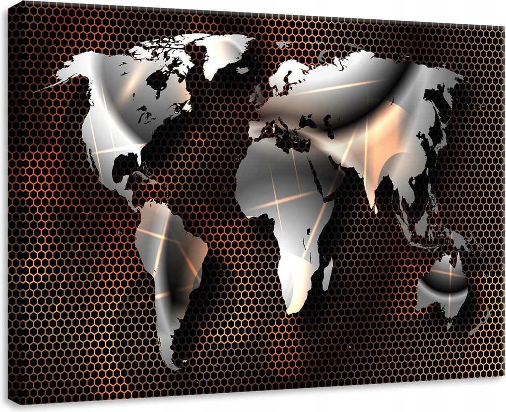 Obraz 70x50 Mapa světa metalíza stříbrná šedá oranžová hexagonální