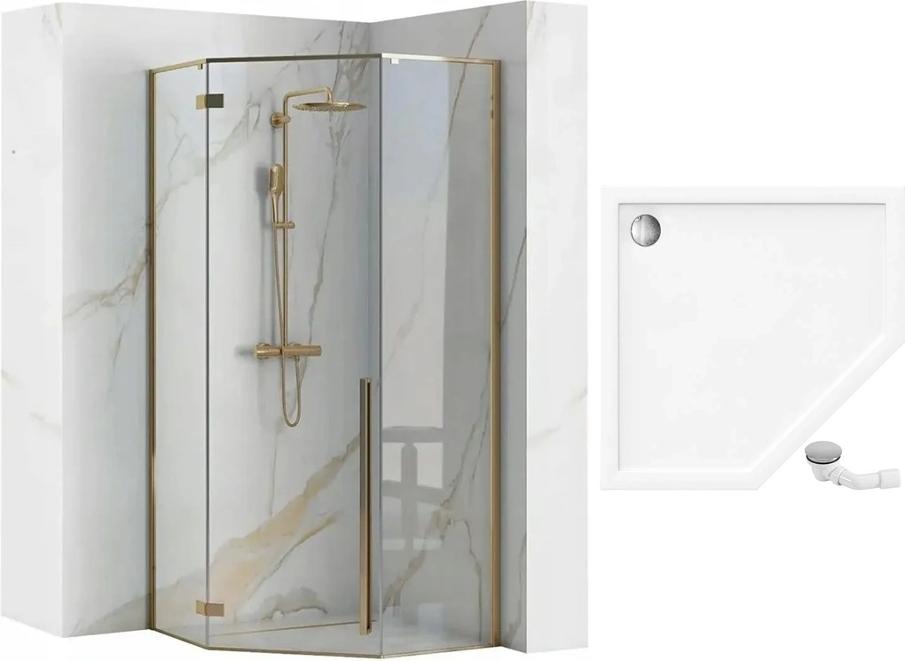 Rea - DIAMOND GOLD pětiúhelníkový sprchový kout 90 x 90 cm, zlatý, čiré sklo, REA-K4904