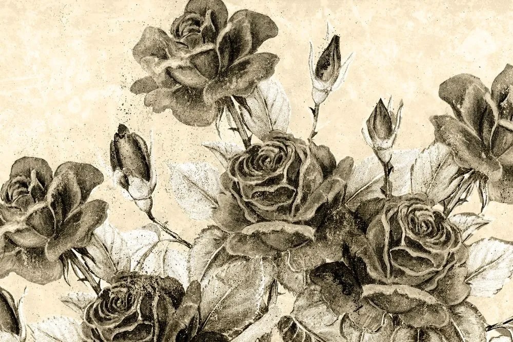 Obraz vintage kytice růží v sépiovém provedení - 90x60 cm