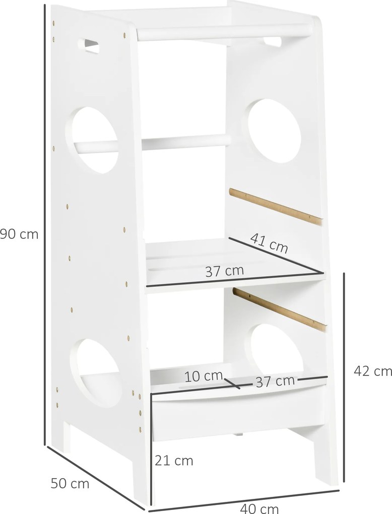 HOMCOM Dřevěná učební věž pro děti - Kuchyňský stolička s nastavitelnou výškou ve 3 polohách a bezpečnostními zábranami 40x50x90 cm Bílá