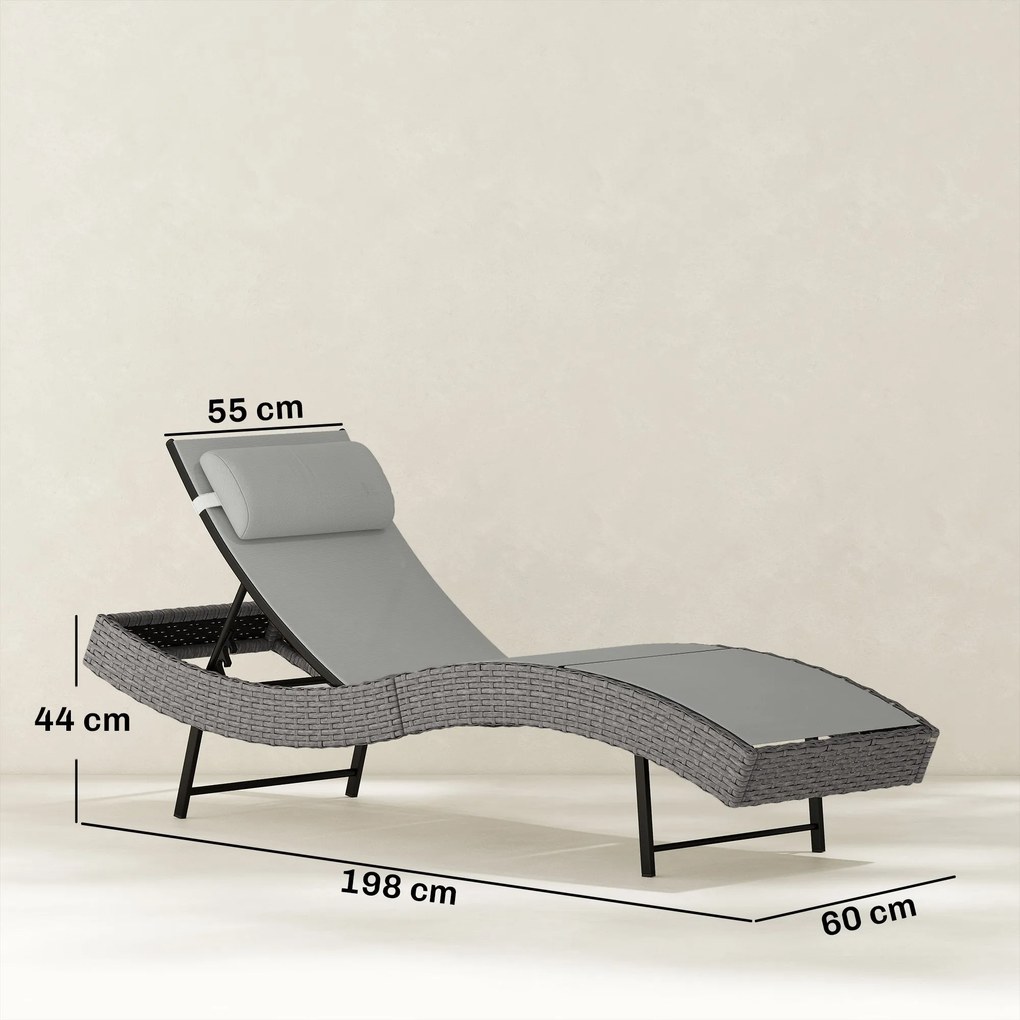 Outsunny ratanové lehátko ve tvaru S – 5polohové nastavení s opěrkou hlavy, prodyšná UV‑odolná síť, odolné vůči počasí – světle šedé
