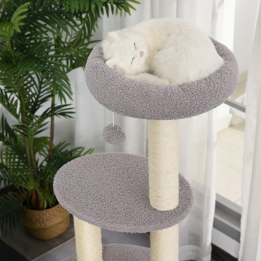 PawHut Kočičí škrabadlo výška 148 cm kočičí věž se sisalovými sloupy 3 platformami, domečkem a visící koulí šedá