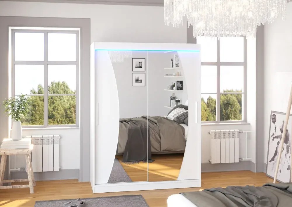 Posuvná skříň se zrcadlem a LED osvětlením MODESTO 150 bílá