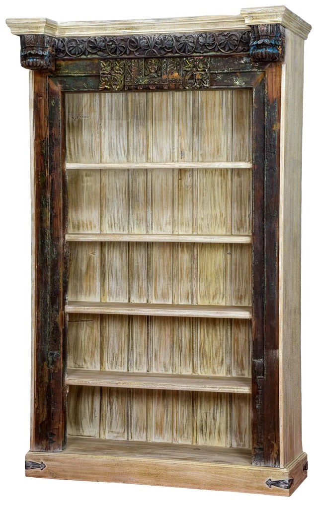Sanu Babu Knihovna z antik teakového dřeva, zdobená řezbami, bílá, 125x52x207cm