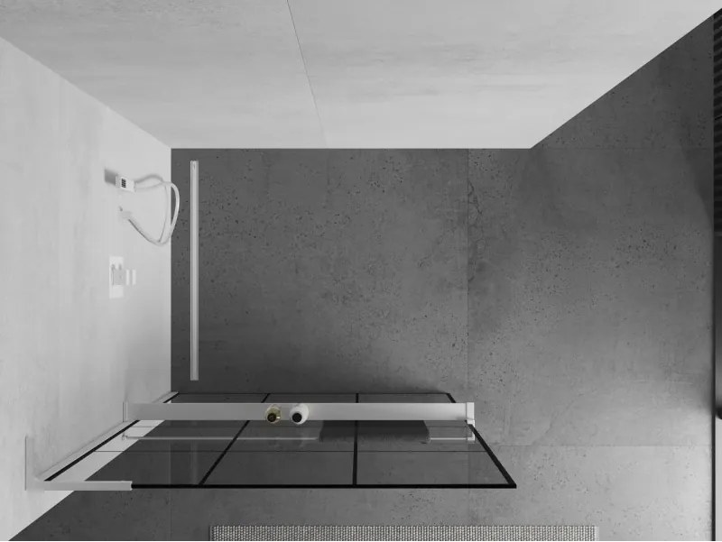 Mexen Kioto+ L, sprchová zástěna Walk-In s poličkou a věšákem 110 x 200 cm, 8mm čiré sklo černý vzor, ​​bílý profil, 800-110-123-20-77