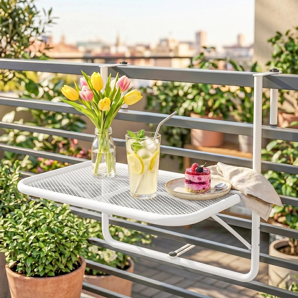 Outsunny Závěsný Stůl na Balkon 3 Úrovně Nastavitelný Závěsný Stůl z Kovového Materiálu Odolný Vůči Počasí, Boční Stůl pro Balkonový Zábradlí 60 x 56…