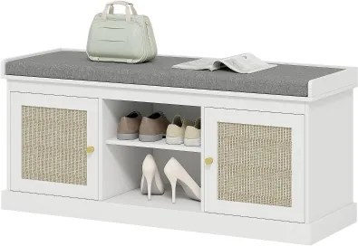 HOMCOM Botní lavice s ratanovými předními panely Nastavitelné a otevřené police pro předsíň a ložnici 105x35x47 cm Bílá