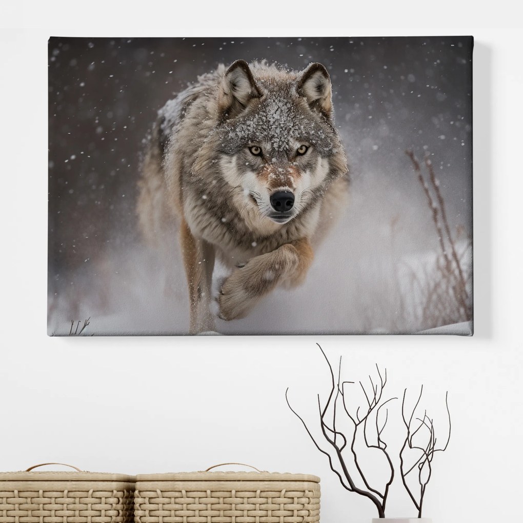 Obraz na plátně - Vlk běžící v divoké zasněžené krajině FeelHappy.cz Velikost obrazu: 120 x 80 cm