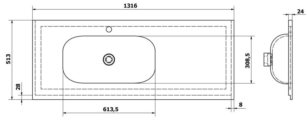 Sapho TREOS umyvadlo 131,6x51,3 cm, rockstone, levé, bílá mat TS132-0101-L