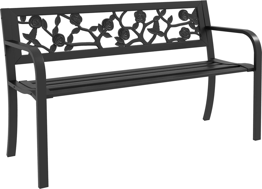 Zahradní lavice Outsunny z oceli, dvoumístná venkovní lavice s dekorativním opěradlem a loketními opěrkami, 127x50x75 cm, černá