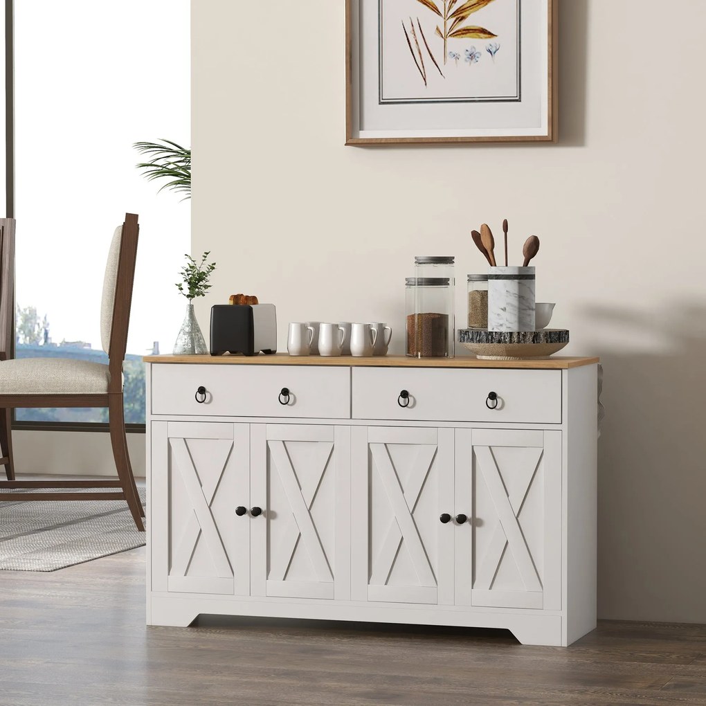HOMCOM Úložný kabinet do kuchyně v venkovském stylu s 2 zásuvkami a 2 skříňkami s nastavitelnými policemi - rozměry 121D x 37Š x 75V cm bílý