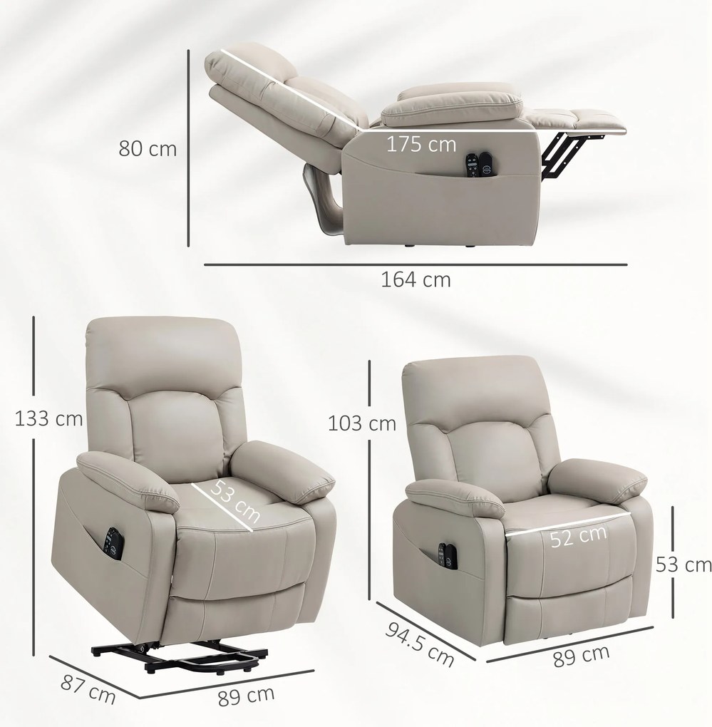 HOMCOM elektrické křeslo pro vstávání, elektrické relaxační křeslo s masážní a vyhřívací funkcí, 89 x 94,5 x 103 cm, šedá