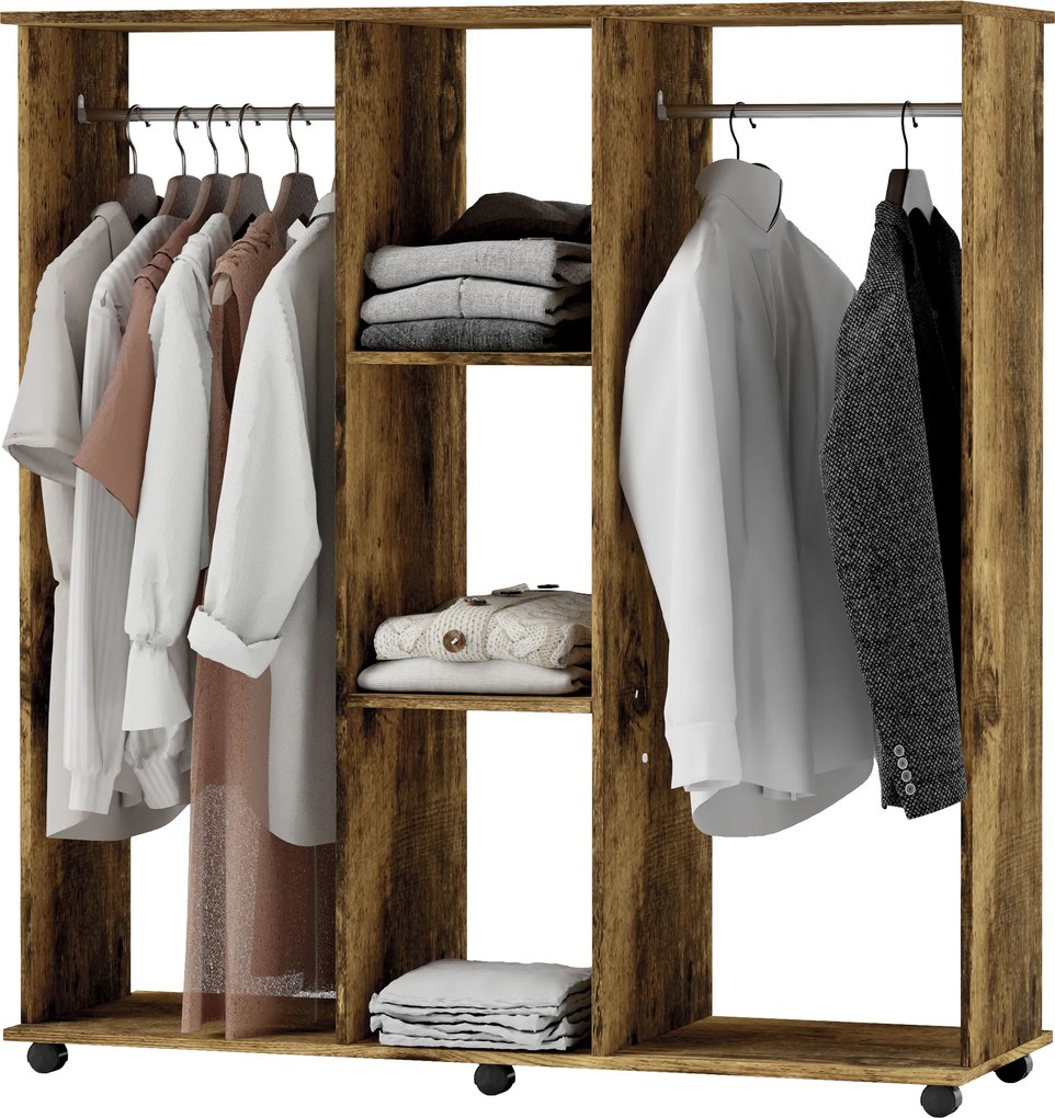HOMCOM Šatní skříň, nábytek s mobilní úložnou funkcí a 6 kolečky 120 x 40 x 128 cm, hnědé dřevo