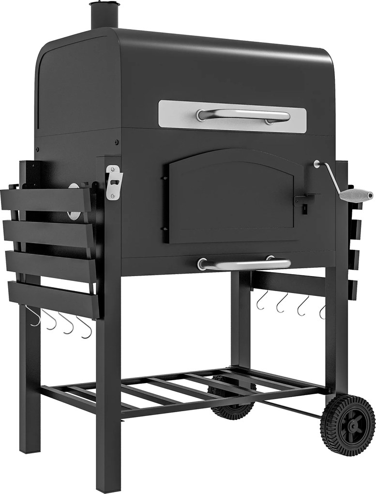 Outsunny gril na dřevěné uhlí BBQ zahradní gril s víkem, policemi, udírnou, ohřívacím podnosem, policemi, přepravními kolečky, kov| Aosom