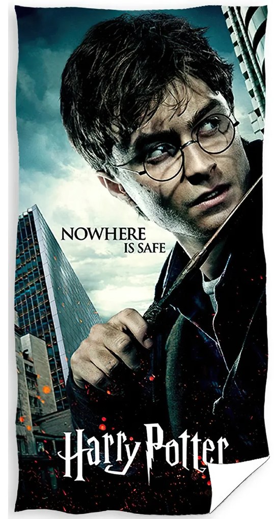 Carbotex Dětská plážová osuška HARRY POTTER NEBEZPEČÍ ČÍHÁ VŠUDE, černo-šedá, froté, 70x140cm