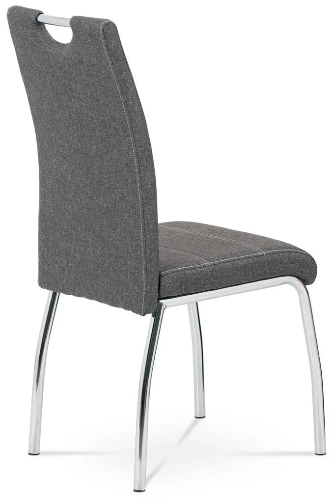 AUTRONIC Jídelní židle, potah šedá látka, bílé prošití, kovová 4nohá chromovaná podnož