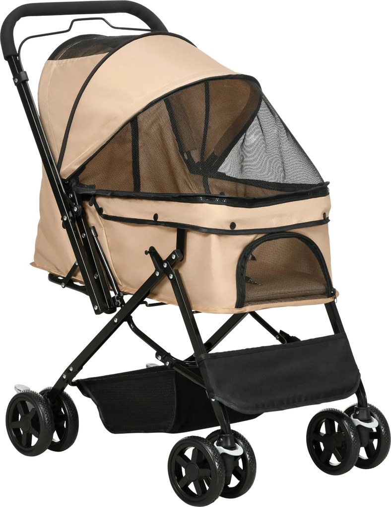 PawHut kočárek pro malé psy a kočky, kočárek pro domácí mazlíčky Oxford světle hnědý 76,5 x 52 x 95 cm, pohodlný a mobilní | Aosom.de