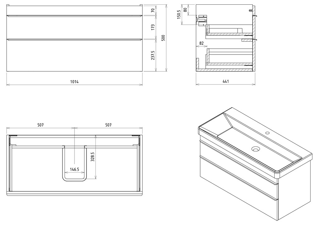 Sapho Sapho, SITIA umyvadlová skříňka 101,4x50x43,4cm, 2x zásuvka, bílá matná, SI105-3131