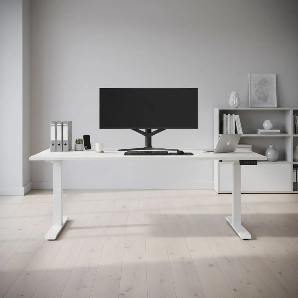 Výškově nastavitelný stůl OfficeTech C, 200 x 80 cm, bílá podnož, bílý jasan
