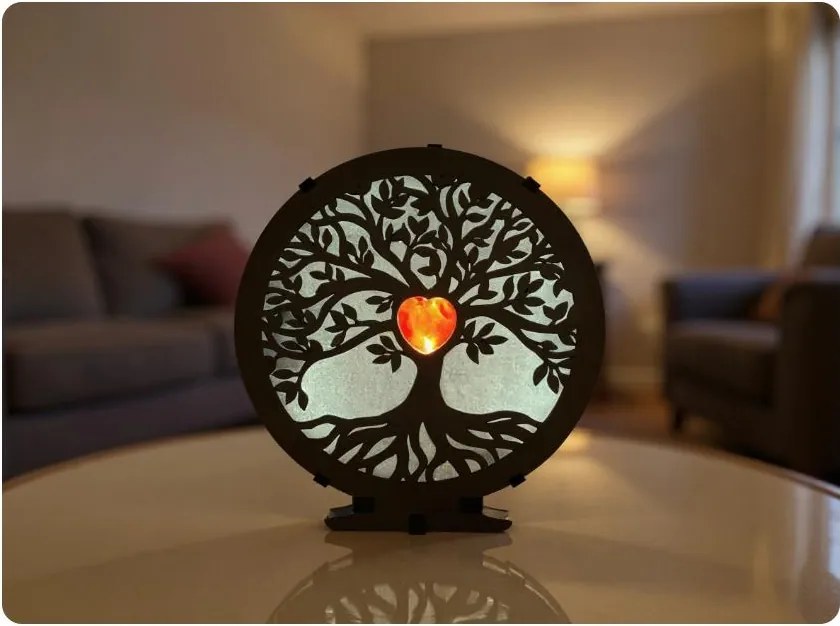 Li-Go "Strom života s podsvíceným achátovým srdcem" dřevěná lampa, černá s patinou  20x22cm