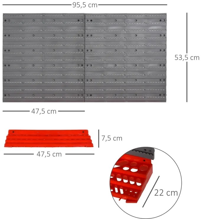 Nástěnný držák nástrojů s 50 háčky a 2 policemi 95,5 x 23 x 53,5 cm B40-023