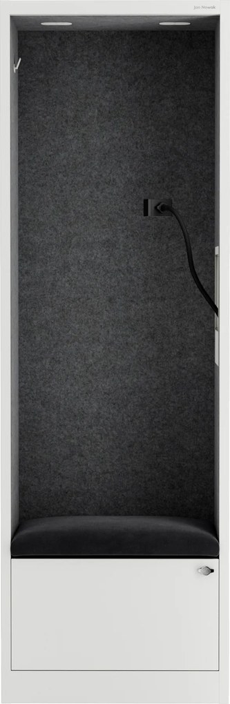 Kancelářská akustická kabina se sedátkem a USB-C portem, korpus bílý / sedák tmavě šedá, 600 mm: SALLY MentalBox