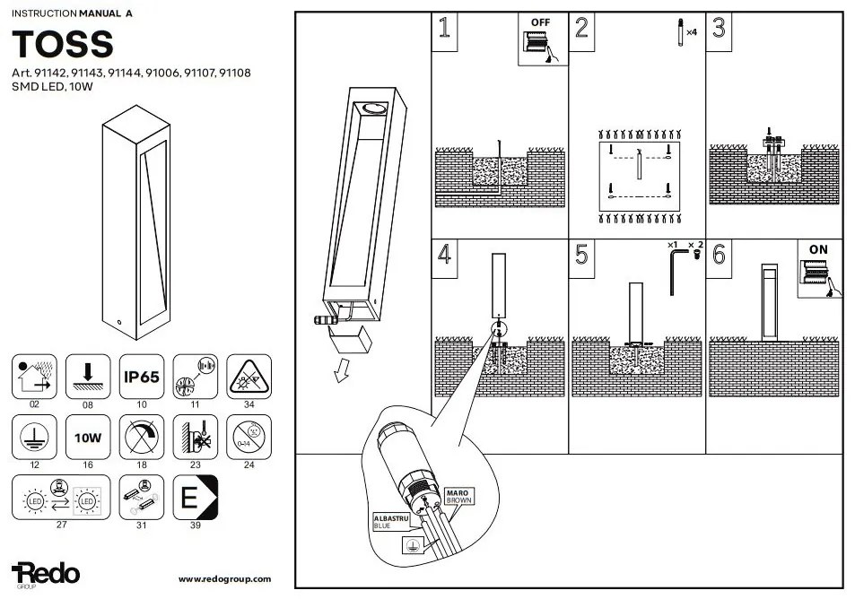 Světla a lustry REDO GROUP Redo Group TOSS 91007 betonová venkovní lampa 3000K IP65 výška 60 cm tmavě šedá