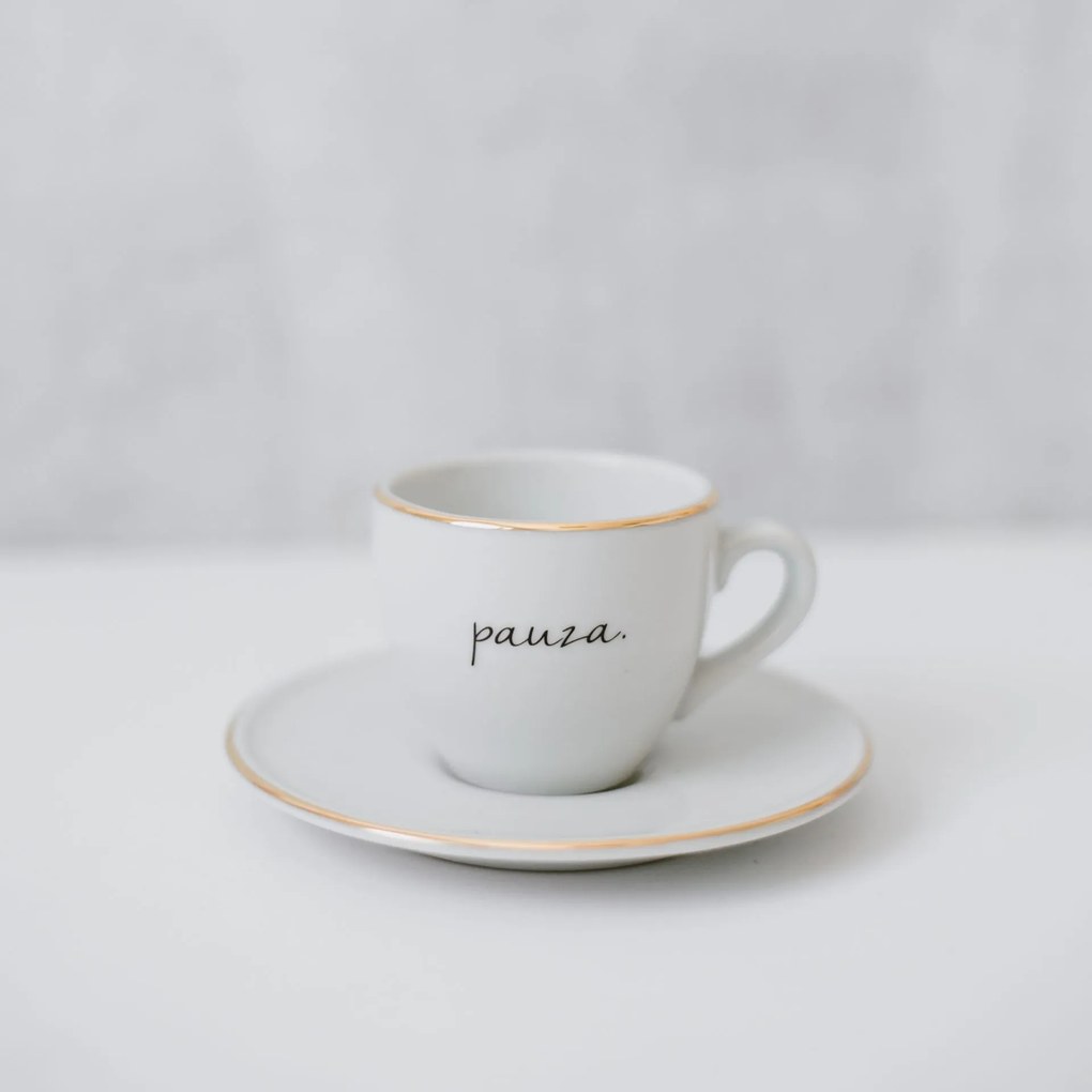 Bella Rose Šálek na espresso s podšálkem Pauza 90 ml, bílá barva, zlatá barva, porcelán