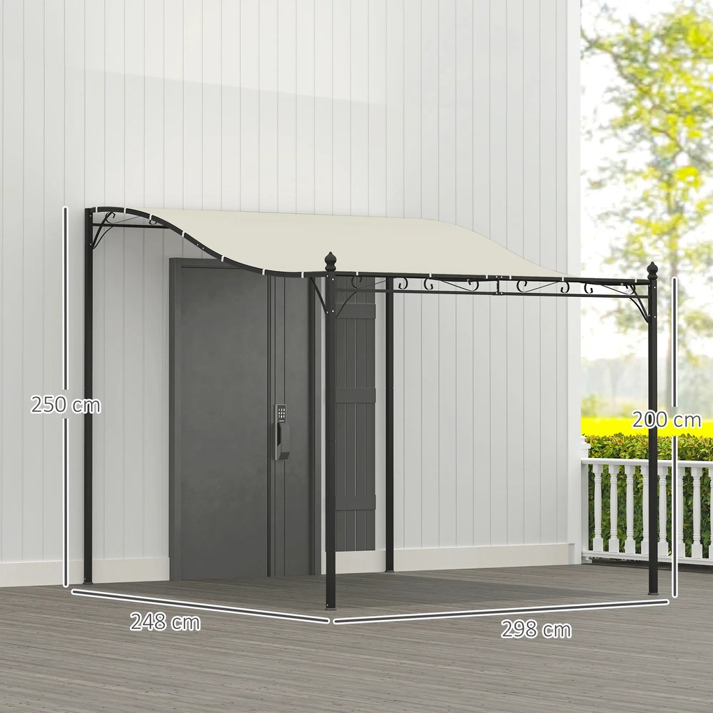 pergola 3 x 2,5 m, nástěnný zahradní pavilon, odolný proti vodě, kovový rám, odtokové otvory, stínící střecha, krémově bílá barva