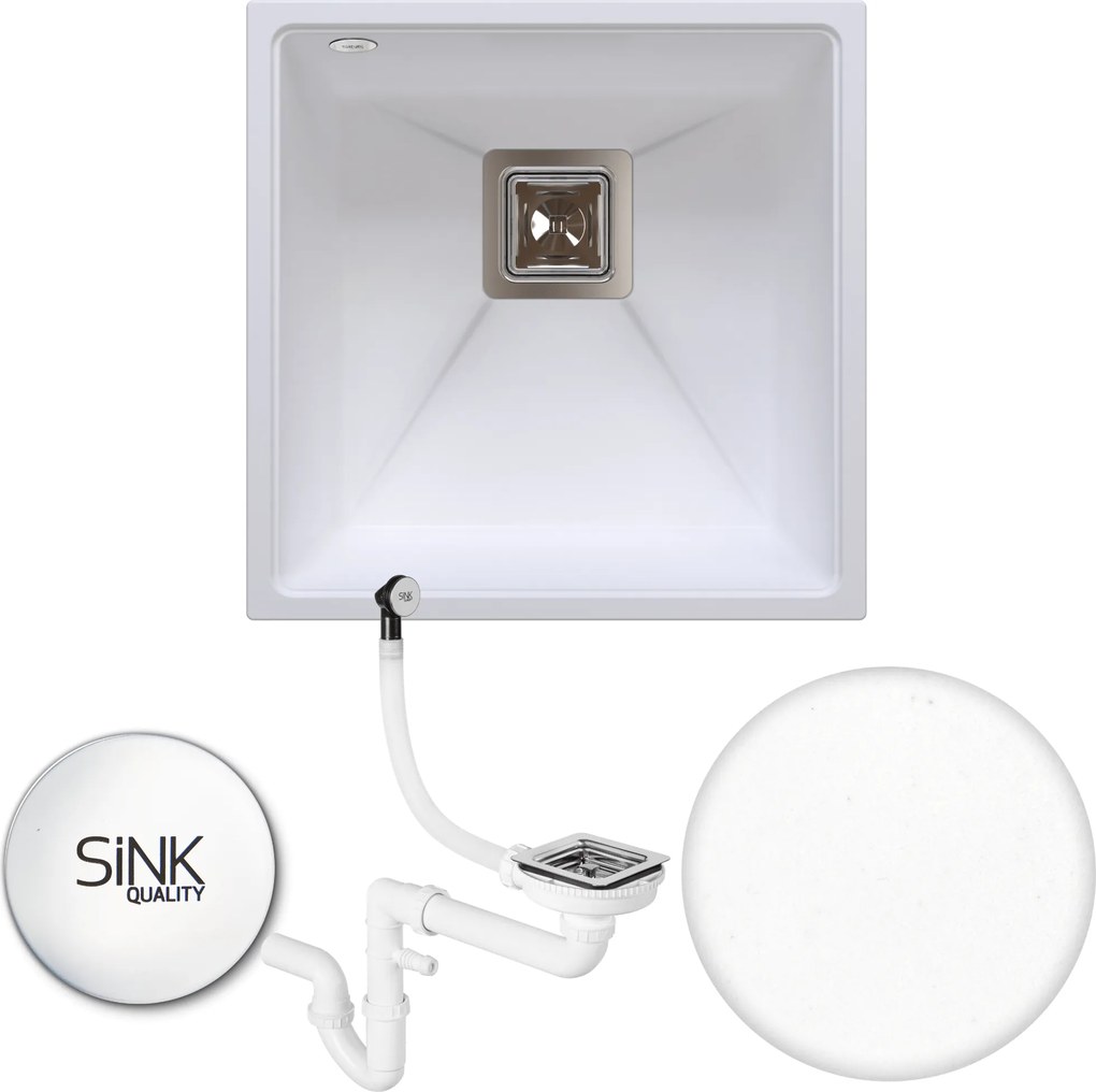 Sink Quality Argon 50, kuchyňský granitový dřez 420x420x225 mm + chromový sifon, bílá, SKQ-ARG.W.1KBO.50.X