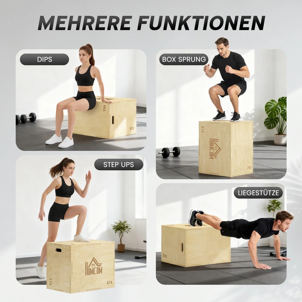 HOMCOM plyo Box 3 v 1 Dřevěný plyometrický box se 3 výškami skoku Rukojeti 61 x 51 x 76 cm Přírodní dřevo