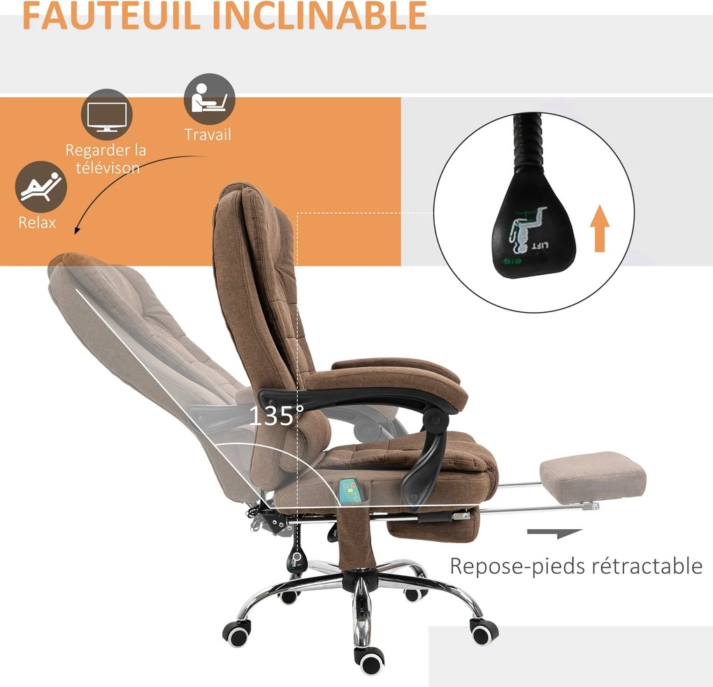 Vinsetto Masážní a Hřejivá Kancelářská Židle Ergonomická Kancelářská Židle S Nastavitelnou Výškou Sklopné Zádové Opěrky S Odkládacím Podnožím + Integ…