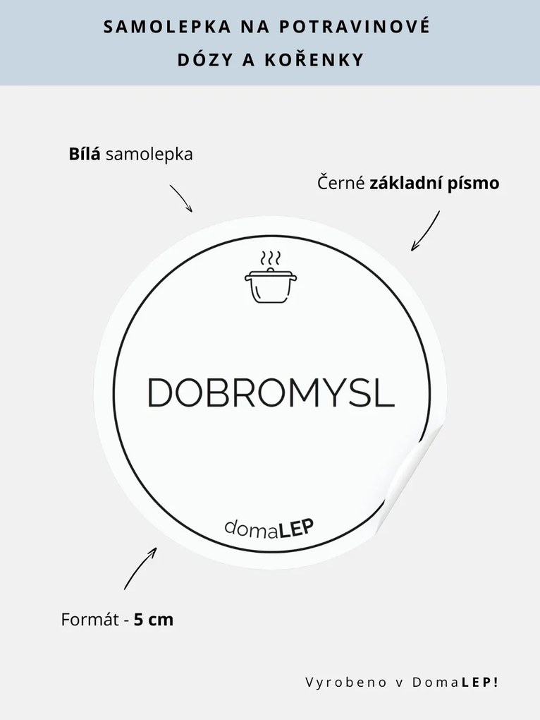Samolepka na kořenky DOBROMYSL bílá 5 cm základní písmo