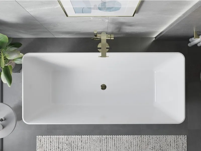 Mexen Velo Slim, volně stojící vana 170 × 75 cm, bílá/černá lesklá, zlatý lesklý přepad, 52811707575-50