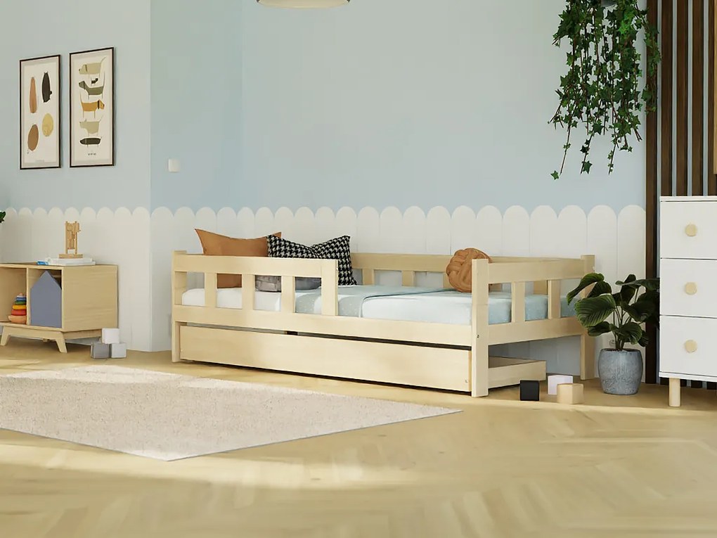 Benlemi Dřevěná jednolůžková postel FENCE 4v1 se zábranou a úložným šuplíkem Zvolte barvu: Béžová, Zvolte rozměr: 90x160 cm, Zvolte zábranu: S otevřeným vstupem