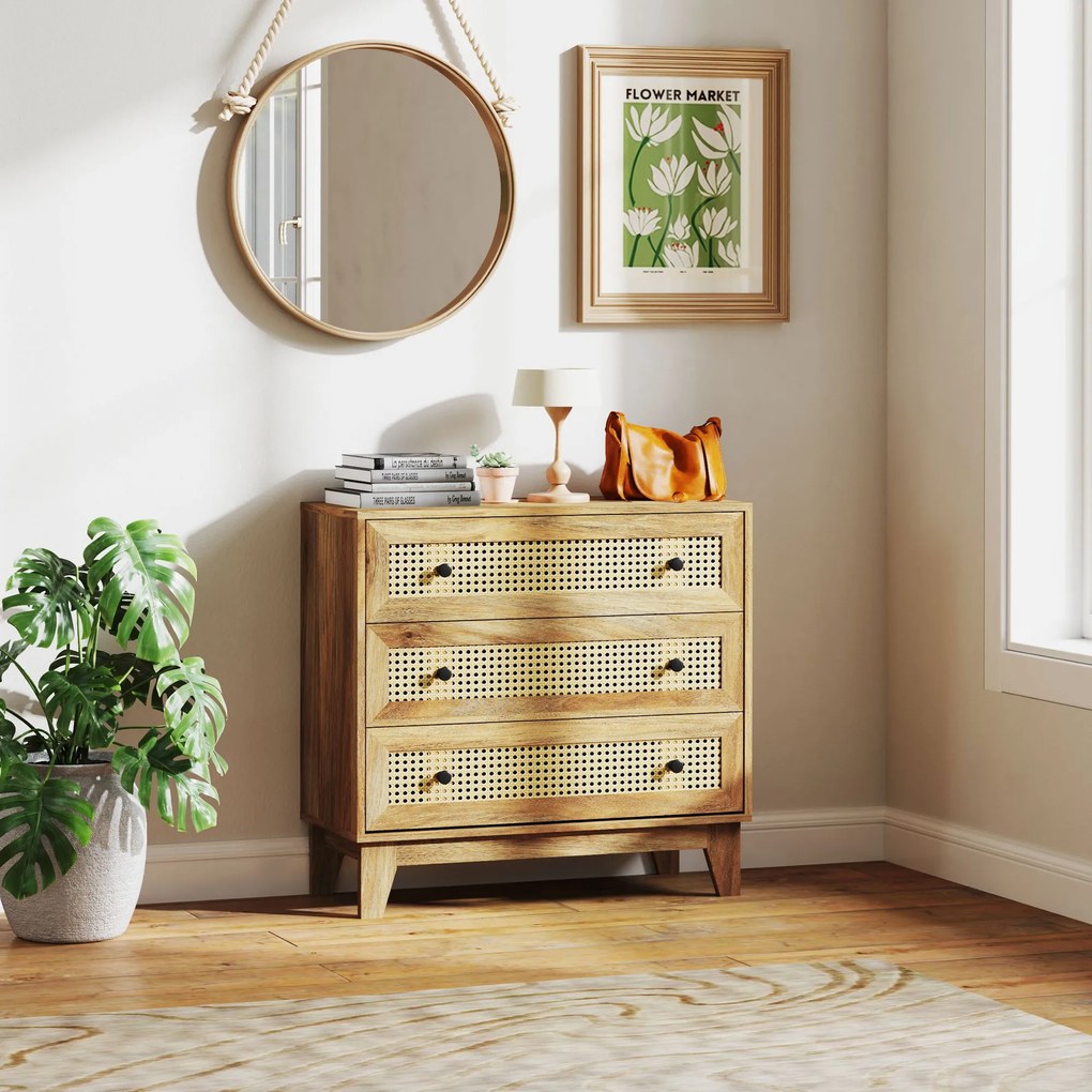 HOMCOM Úložný kabinet s 3 zásuvkami z ratanu 80 x 35 x 76 cm v jemném dřevěném vzhledu