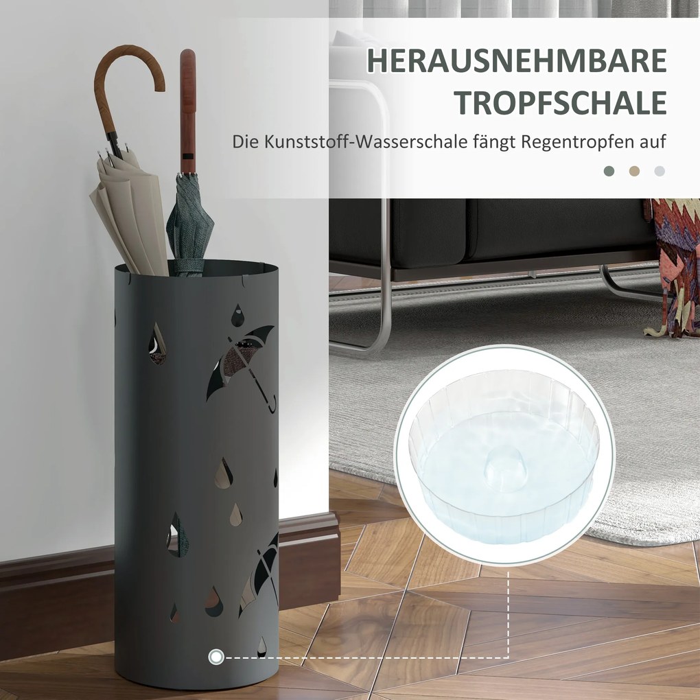 HOMCOM Stojan na deštníky, ocel, sloupovitý tvar, odnímatelná přihrádka na podstavci, Ø17 x 41V cm, šedý