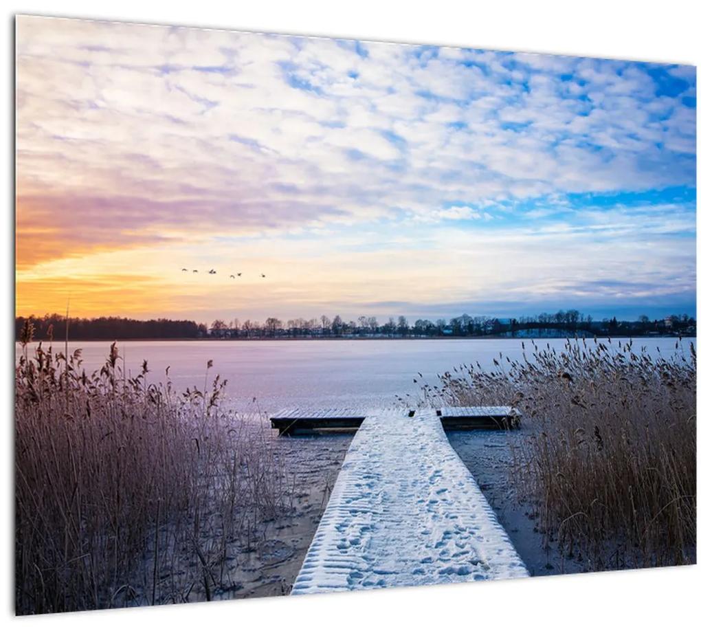 Skleněný obraz - Zamrzlé jezero, Ełk, Mazury, Polsko (70x50 cm)