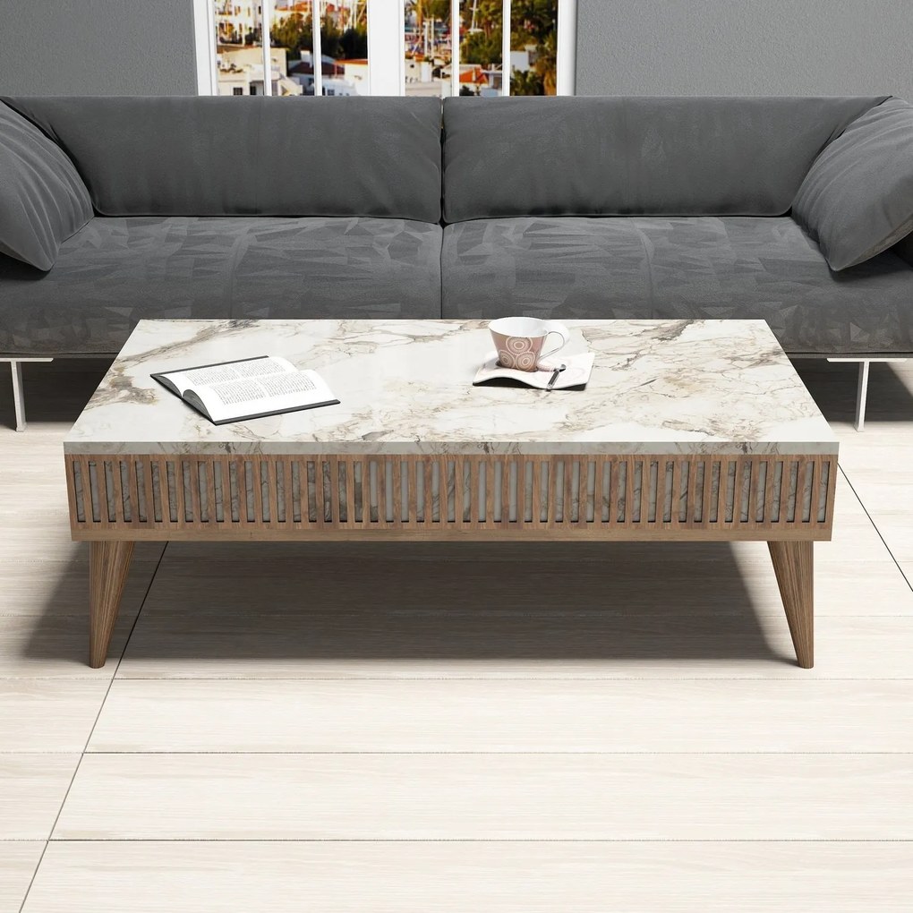 Hanah Home Sada nábytku do obývacího pokoje Milan - Walnut, White Marble, Ořech, Bílá